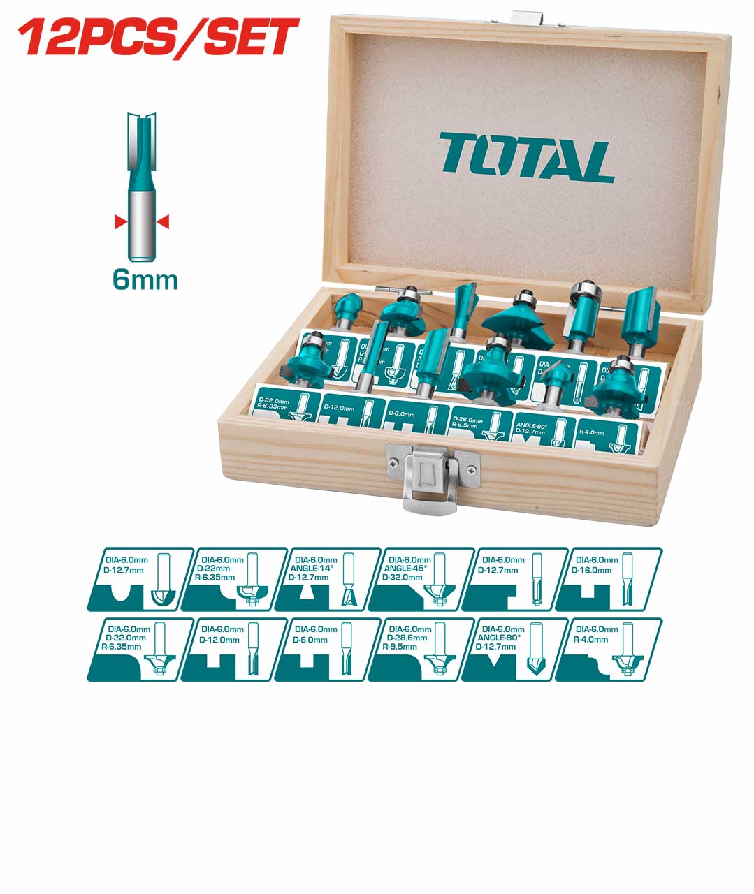TOTAL 12 Pcs Router Bit Set 6mm — Hawi tools company شركة هاوي عدد التجارية