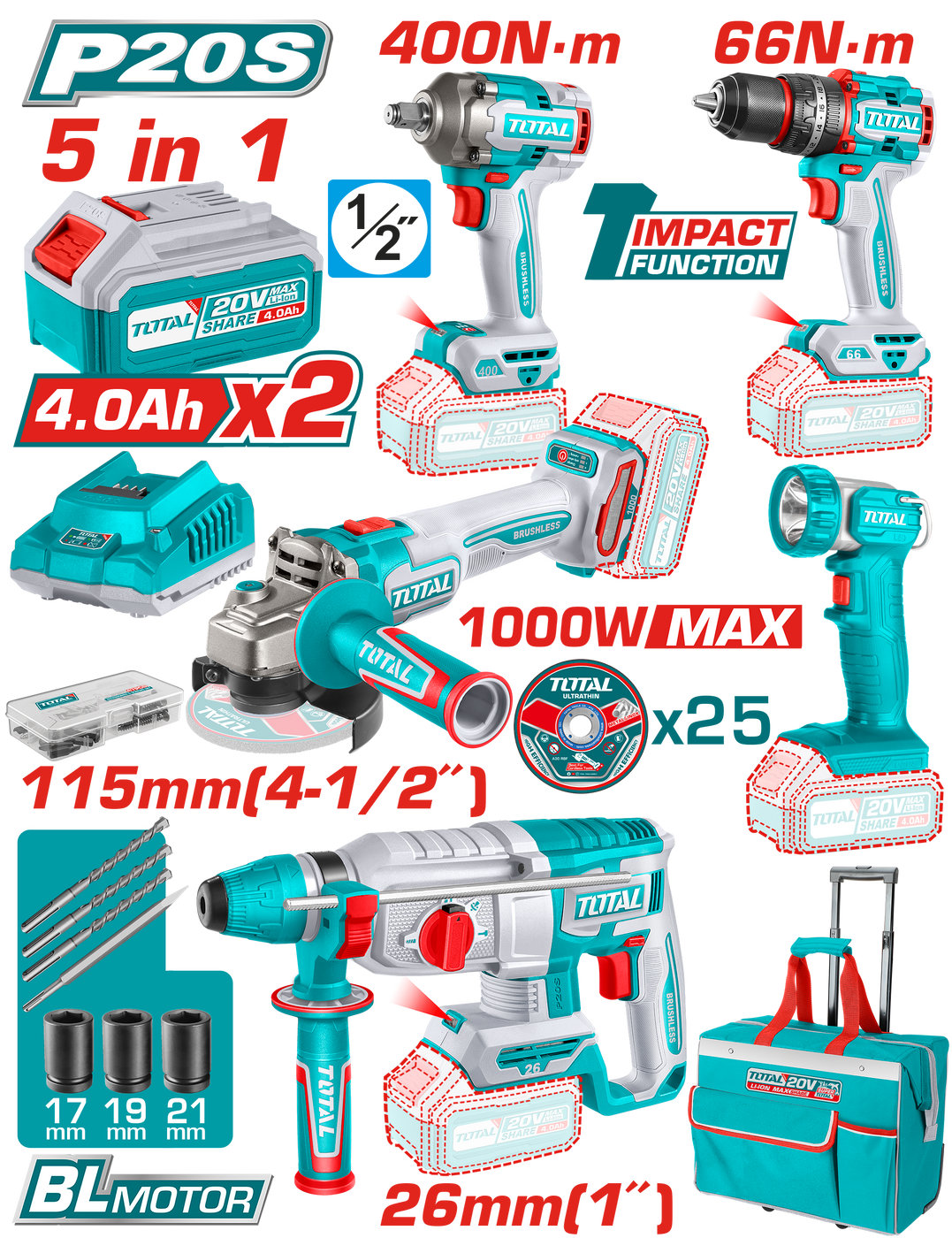 TOTAL Cordless 5 Pcs Combo Kit – 20V Brushless Power Tools